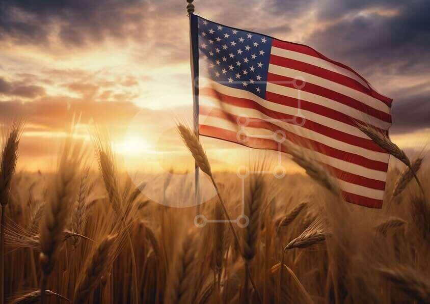 Patriotic American Flag in Wheat Field at Sunset stock photo | Creative ...