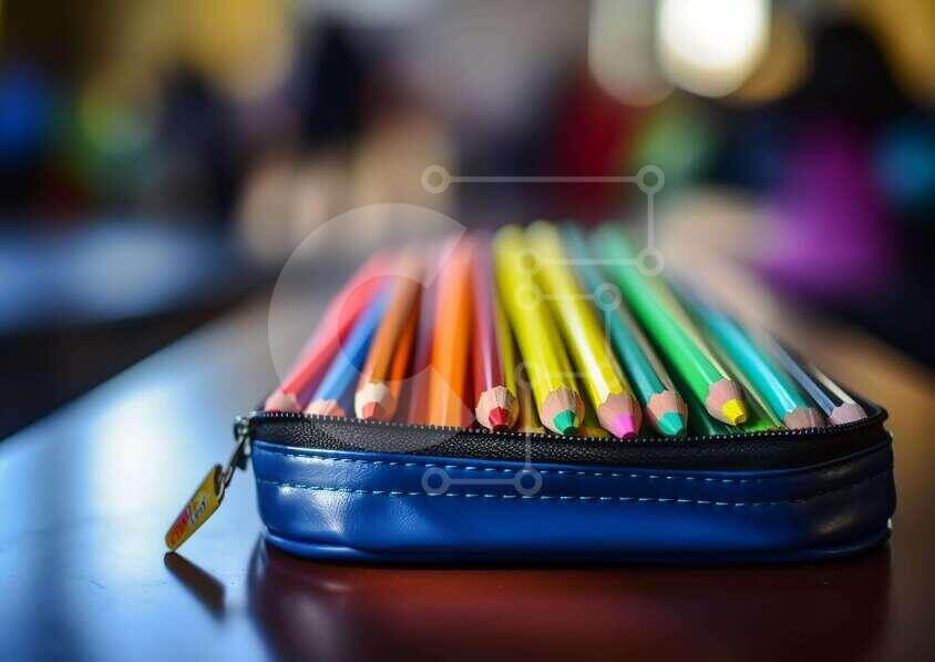 Vibrant Colored Pencil Case and Open Book on Desk stock photo ...