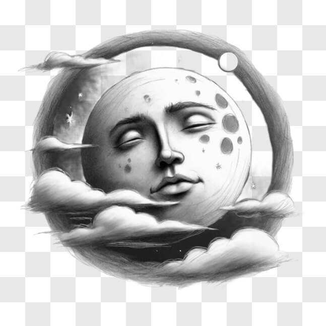 Baixe Desenho em Preto e Branco da Lua com Rosto de Mulher nas Nuvens ...