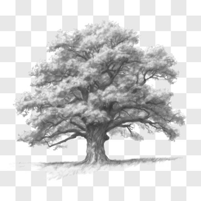 Download Black and White Drawing of Old Oak Tree in Field Sketches ...