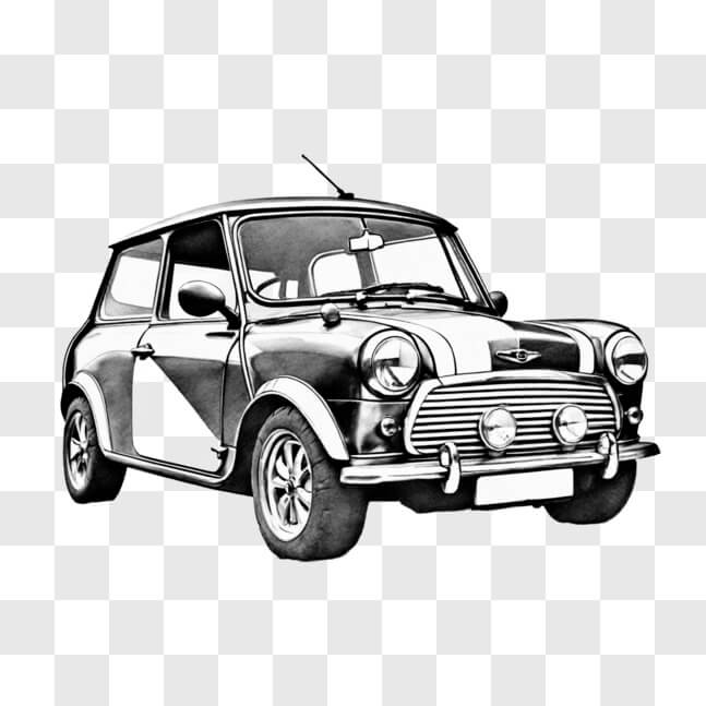Download Vintage Black and White Drawing of Old-Fashioned Mini Car ...