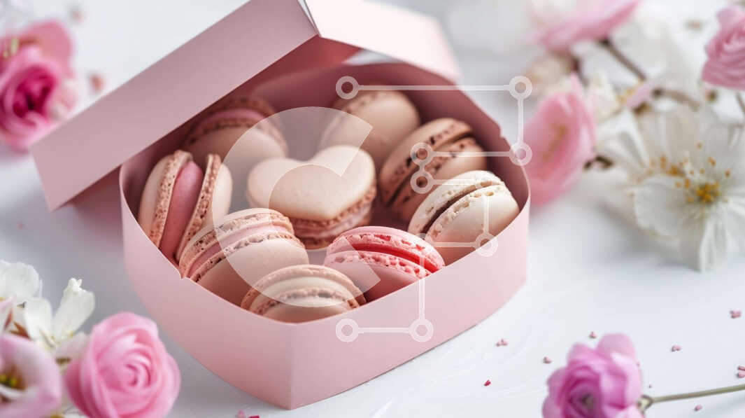 Download Assorted Macaroons and Flowers in Pink Box Stockphotos Online - Creative Fabrica