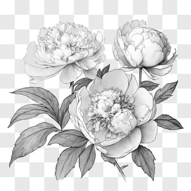Download Black and White Drawing of Three Peonies with Leaves Sketches ...