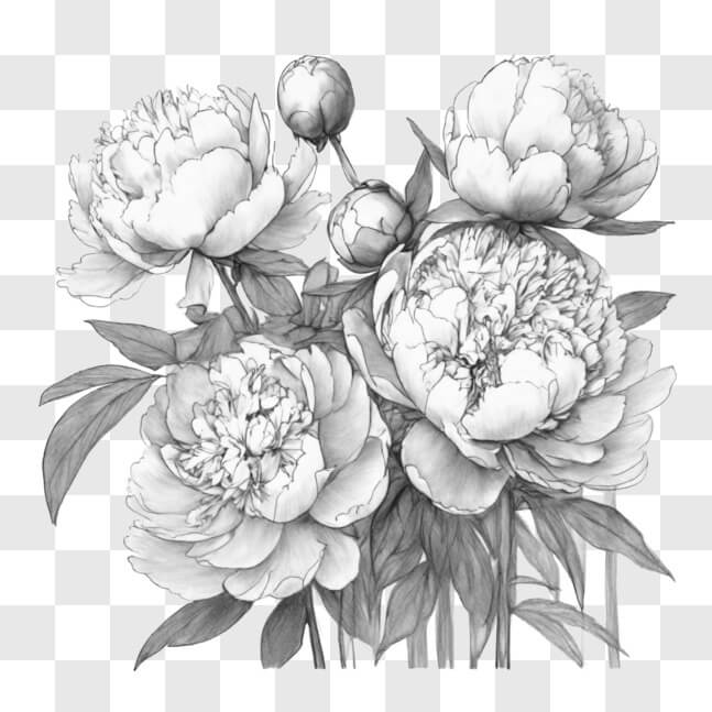 Download Black and White Drawing of Three Peonies with Green Leaves ...