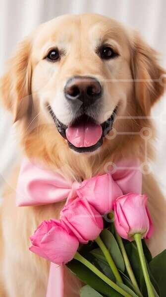 Adorable Golden Retriever Dog Holding Pink Roses stock photo | Creative ...