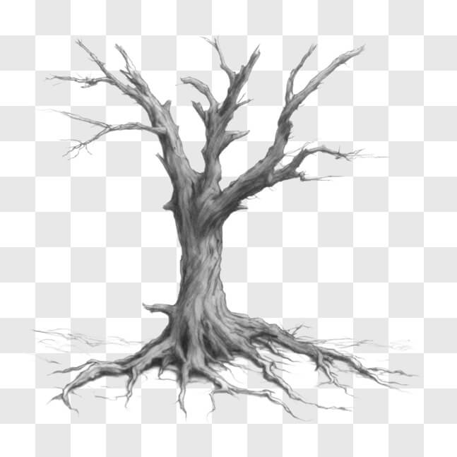 Download Black and White Drawing of a Dead Tree with Visible Roots ...