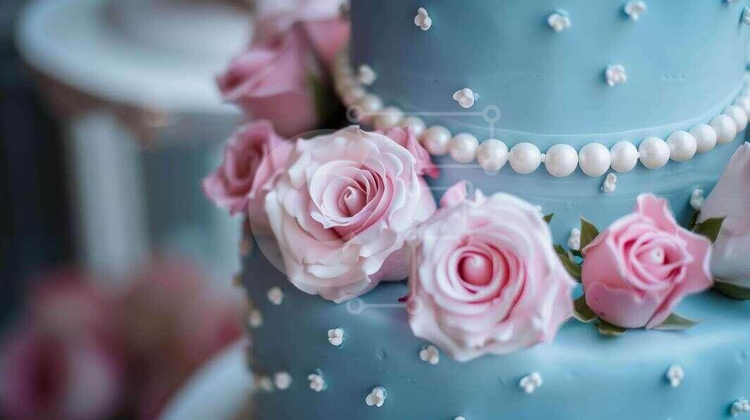 Elegant Blue Cake with Pink Roses and Pearls stock photo | Creative Fabrica