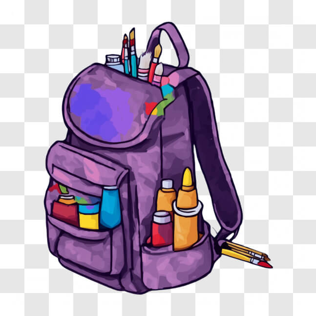 Download Purple School Backpack with Pencils, Markers, and Crayons ...