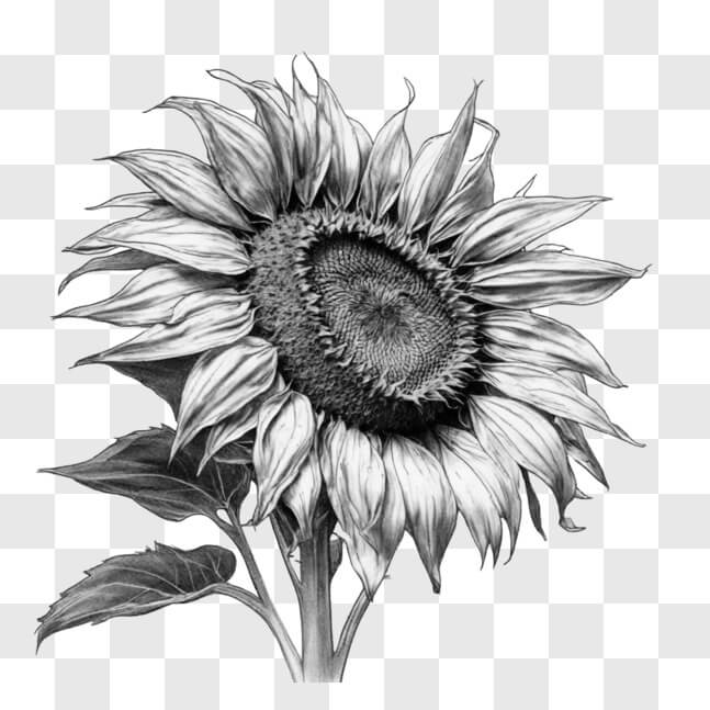 Download Black and White Sunflower Drawing with Leaves Sketches Online ...