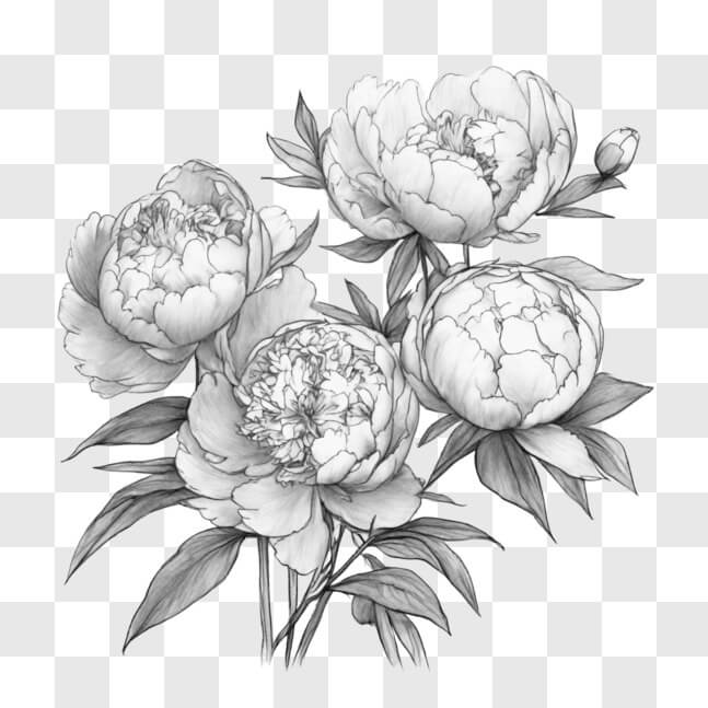 Download Black and White Floral Drawing of Peonies with Green Leaves ...