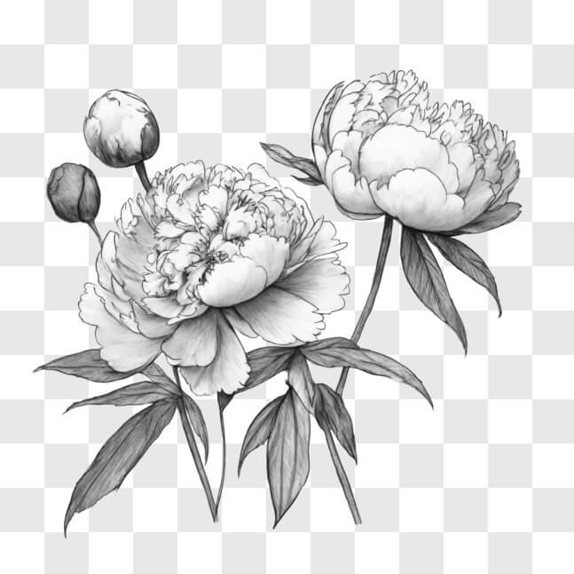 Download Black and White Botanical Drawing of Peonies on White ...