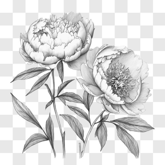 Download Black and White Drawing of Two Peonies on a White Background ...