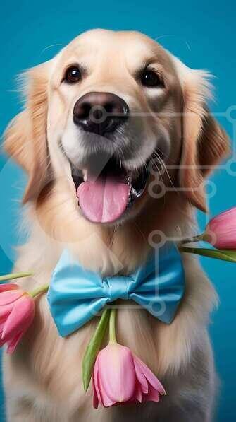 Perro Golden Retriever sonriente con elegante corbata de lazo y flores ...