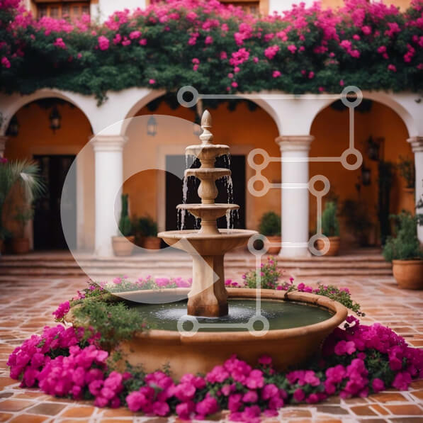 Fuente de Patio Tranquila con Flores Rosadas fotos de archivo ...