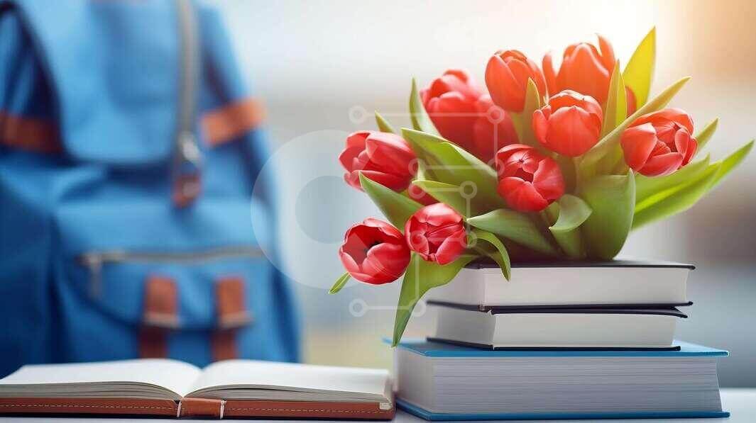 Beautiful Red Tulips and Books Composition stock photo | Creative Fabrica