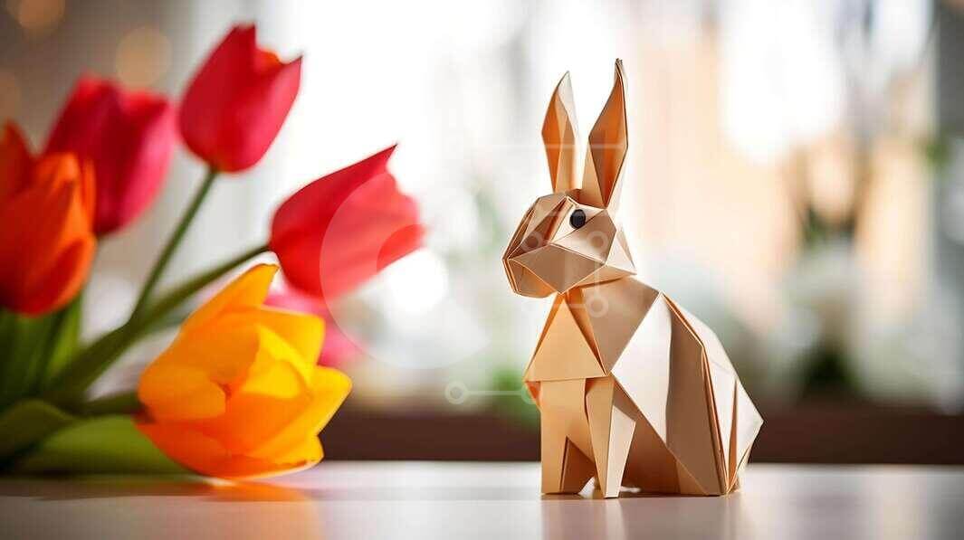 Easter Origami Rabbit with Colorful Tulips stock photo | Creative Fabrica