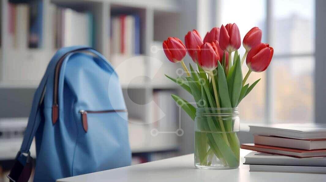 Books, Backpack, and Red Tulips on a Table stock photo | Creative Fabrica