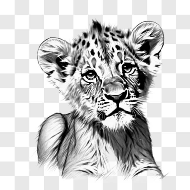 Download Black and White Drawing of Lion Cub Looking Up Sketches Online ...