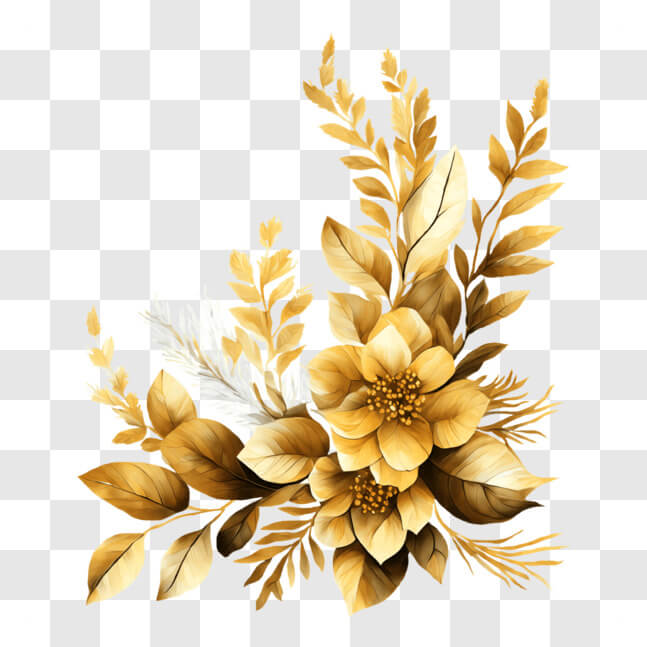 Download Gold Floral Arrangement with Leaves, Flowers, and Feathers on ...