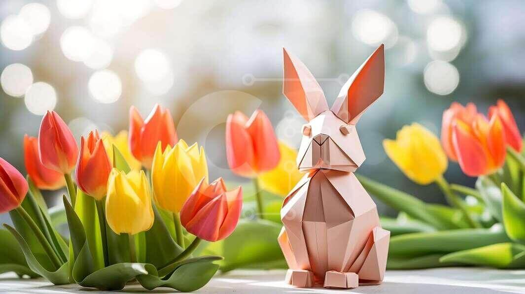 Origami Rabbit and Colorful Tulips - Spring Celebration stock photo ...