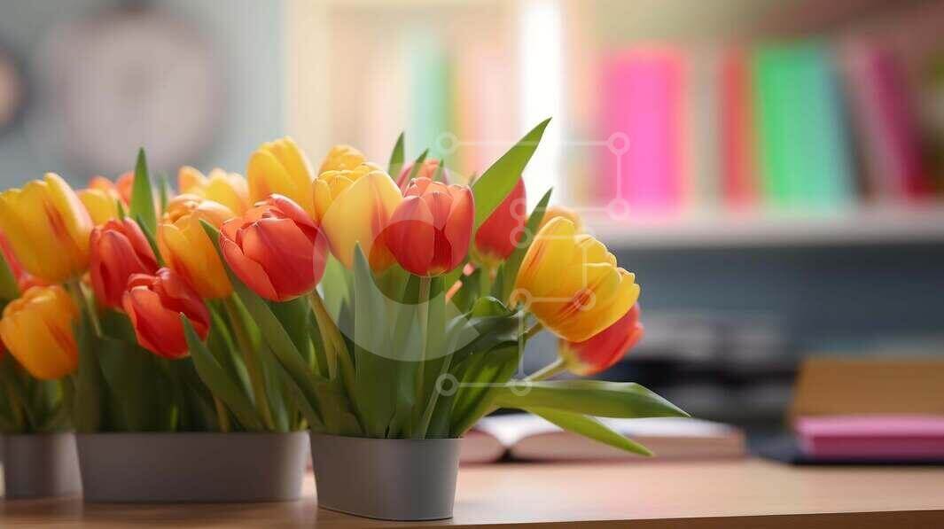 Office Table with Flowers and Clock stock photo | Creative Fabrica