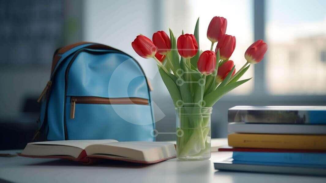 Education and Study Essentials with Red Tulips stock photo | Creative Fabrica