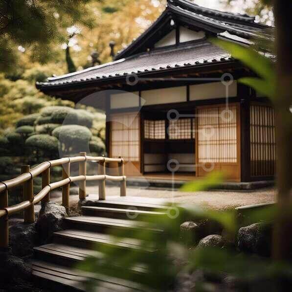 Tranquil Japanese-style Building in a Serene Garden stock photo ...