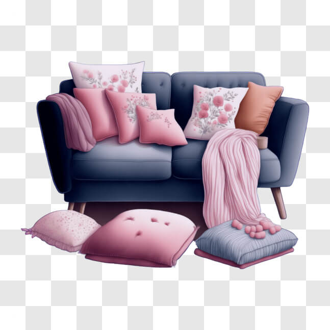 Download Blue Couch with Pink Pillows PNGs Online - Creative Fabrica
