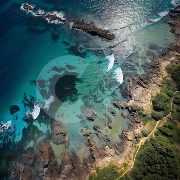 Aerial View of Ocean with Surfers and Cliffside Path stock photo ...