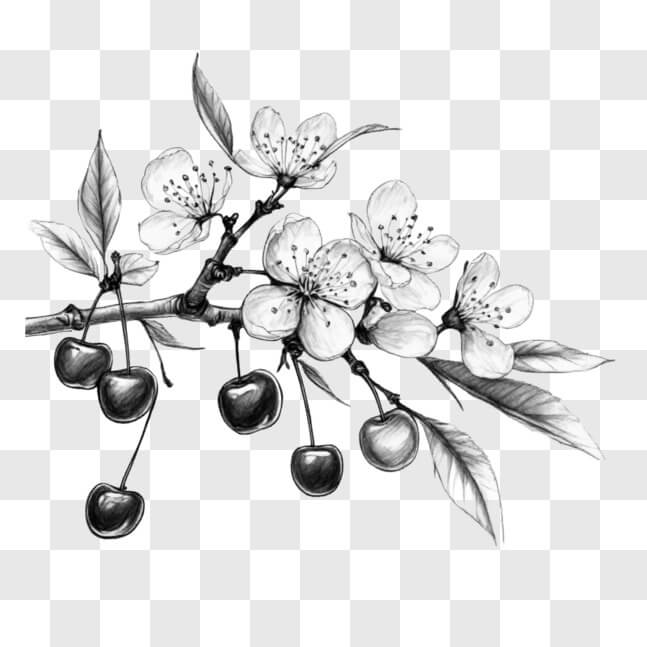 Download Cherry Tree Branch Black and White Drawing with Flowers and ...