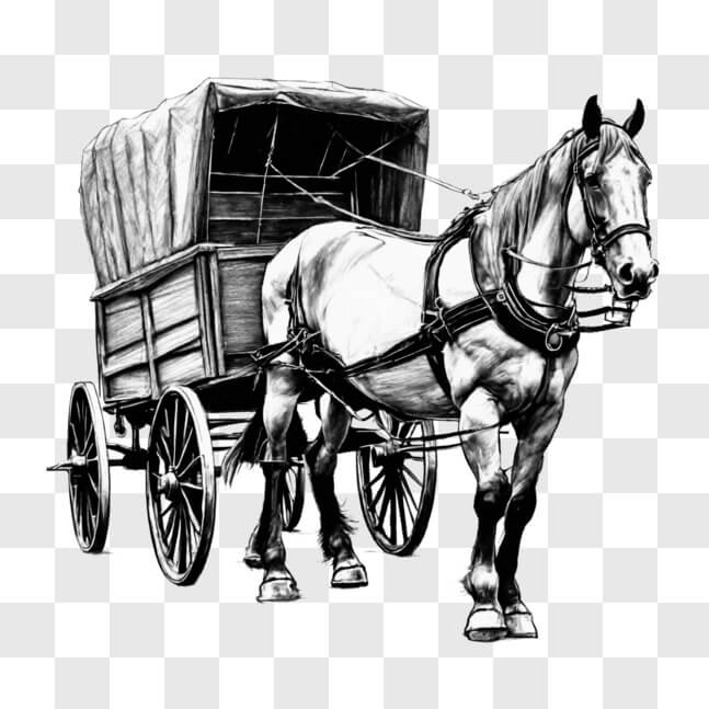 Télécharger Dessin vintage en noir et blanc d'une charrette tirée par ...