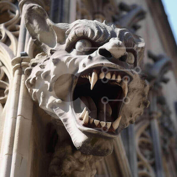 Stone Gargoyle Head on Decorated Building stock photo | Creative Fabrica