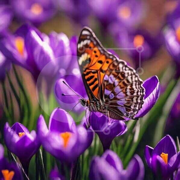Beautiful Butterfly Feeding on Nectar from Purple Crocus Flowers stock ...