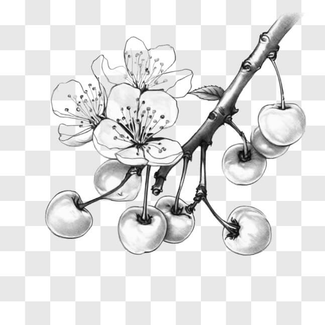 Download Black and White Cherry Tree Drawing with Blossoms and Cherries ...