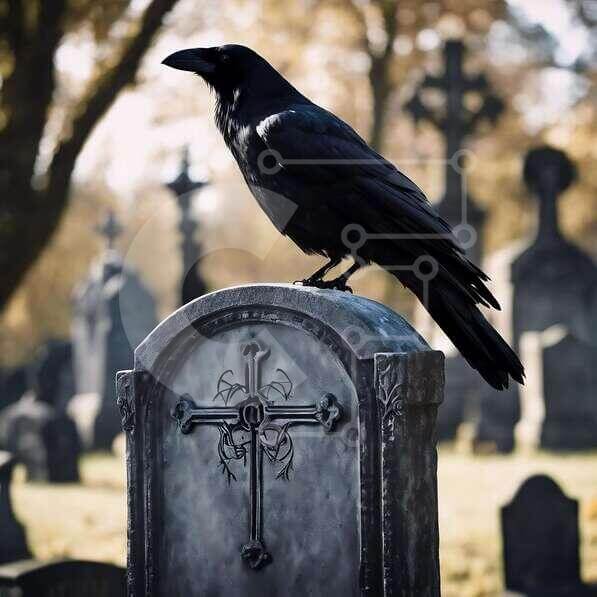 Black Crow on Tombstone in Cemetery stock photo | Creative Fabrica