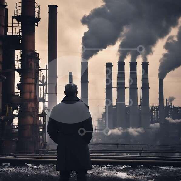 Man Standing in Front of Industrial Smokestacks stock photo | Creative ...