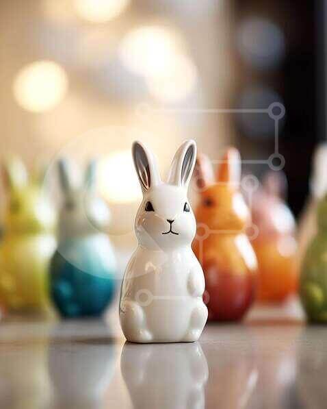 Colorful Ceramic Bunny Figurines on Tabletop stock photo | Creative Fabrica