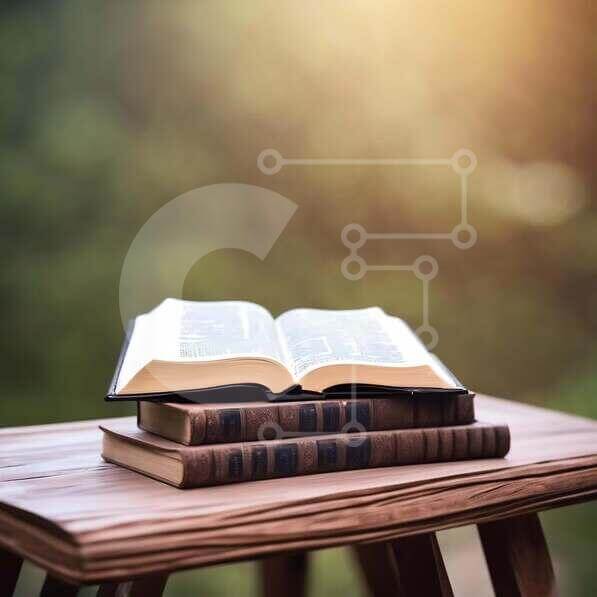 Open Religious Book in Natural Setting stock photo | Creative Fabrica