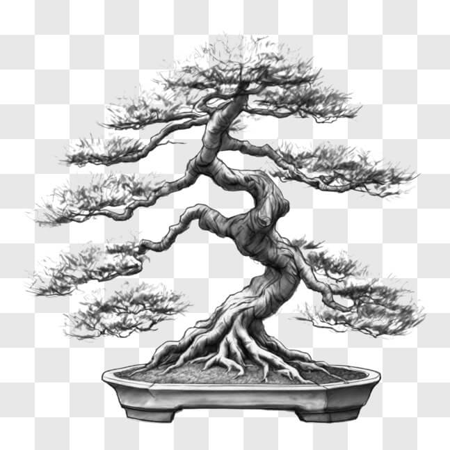 Download Black and White Bonsai Tree Drawing with Visible Roots ...