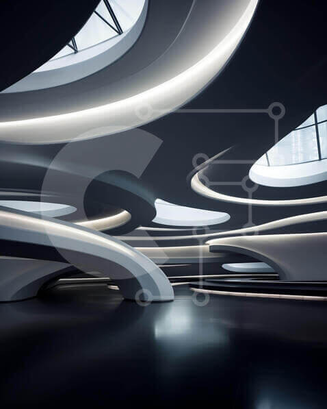 Futuristic Building Interior with Curved Walls and Ceilings stock photo ...