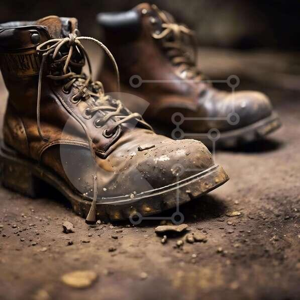 Worn-out Work Boots on Dirt and Mud stock photo | Creative Fabrica
