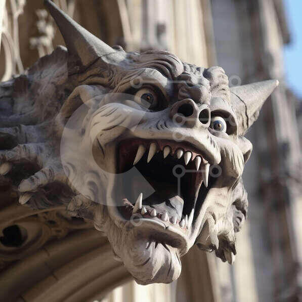 Gargoyle Head on Historic Building Facade stock photo | Creative Fabrica