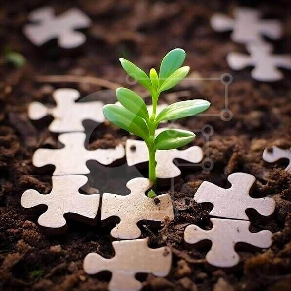 Symbolic Growth: Plant Emerging from Puzzle Pieces stock photo ...