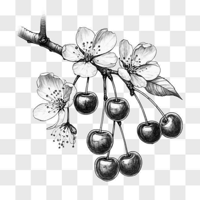 Download Black and White Cherry Tree Drawing with Blossoms and Cherries ...