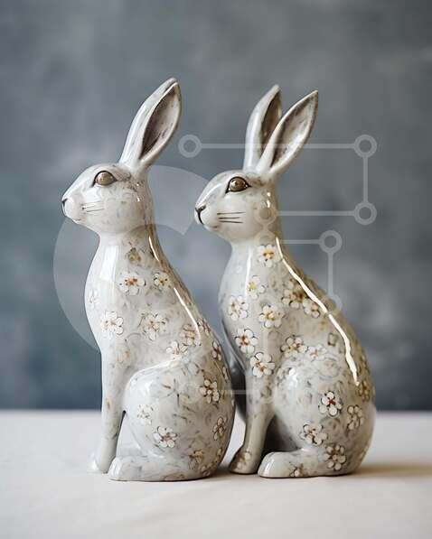 Two Ceramic Rabbit Figurines with Floral Patterns stock photo ...