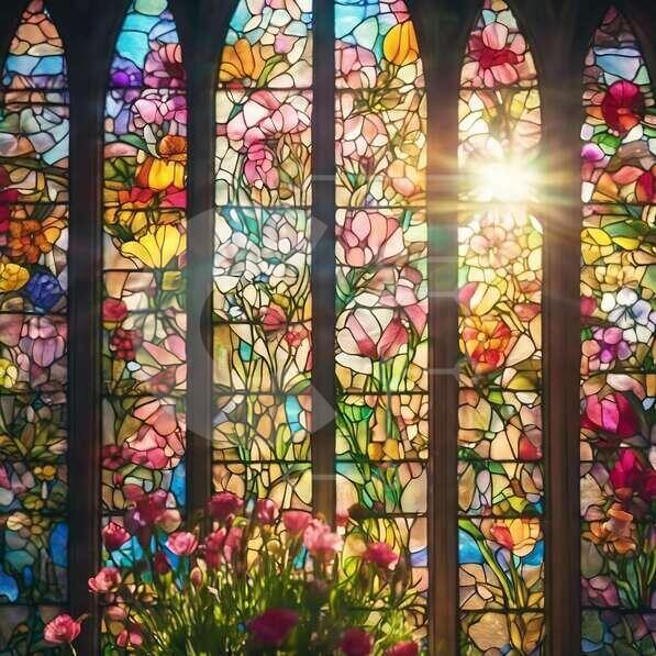 Beautiful Stained Glass Window with Flowers and Sunlight stock photo ...