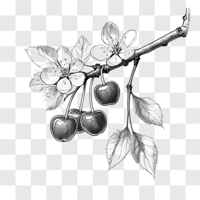 Download Black and White Drawing of Cherry Tree Branch with Cherries ...