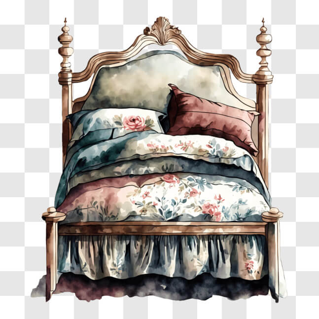 Download Elegant Floral Bed with Colorful Comforters and Pillows PNGs ...