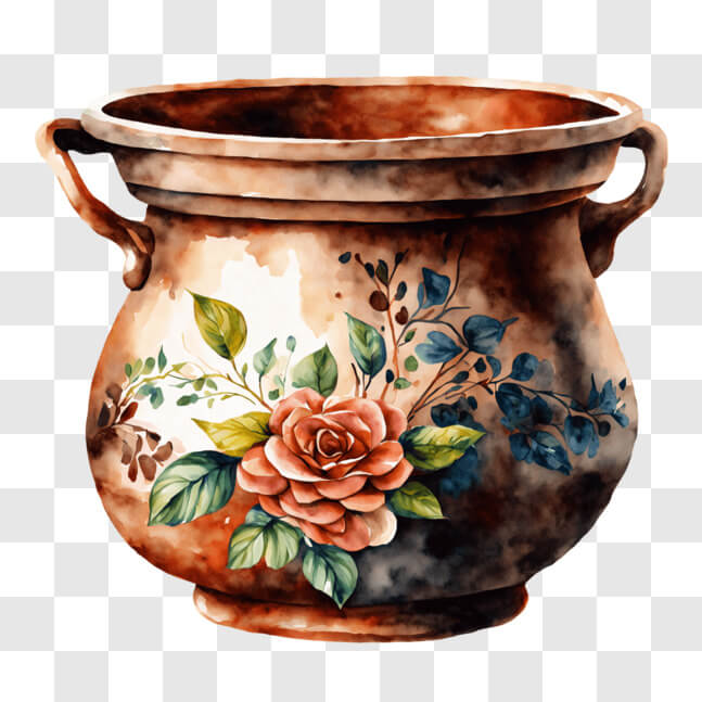 Download Rustic Brown Clay Pot with Roses and Green Leaves PNGs Online ...
