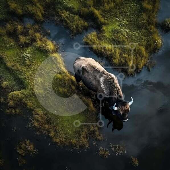 Aerial View of Bison Drinking from Lake stock photo | Creative Fabrica